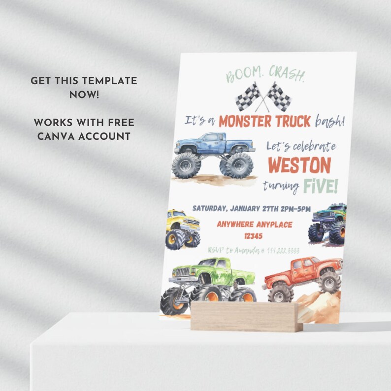 Monster Truck Birthday Invitation, Boom Crash Theme (digital Download ...