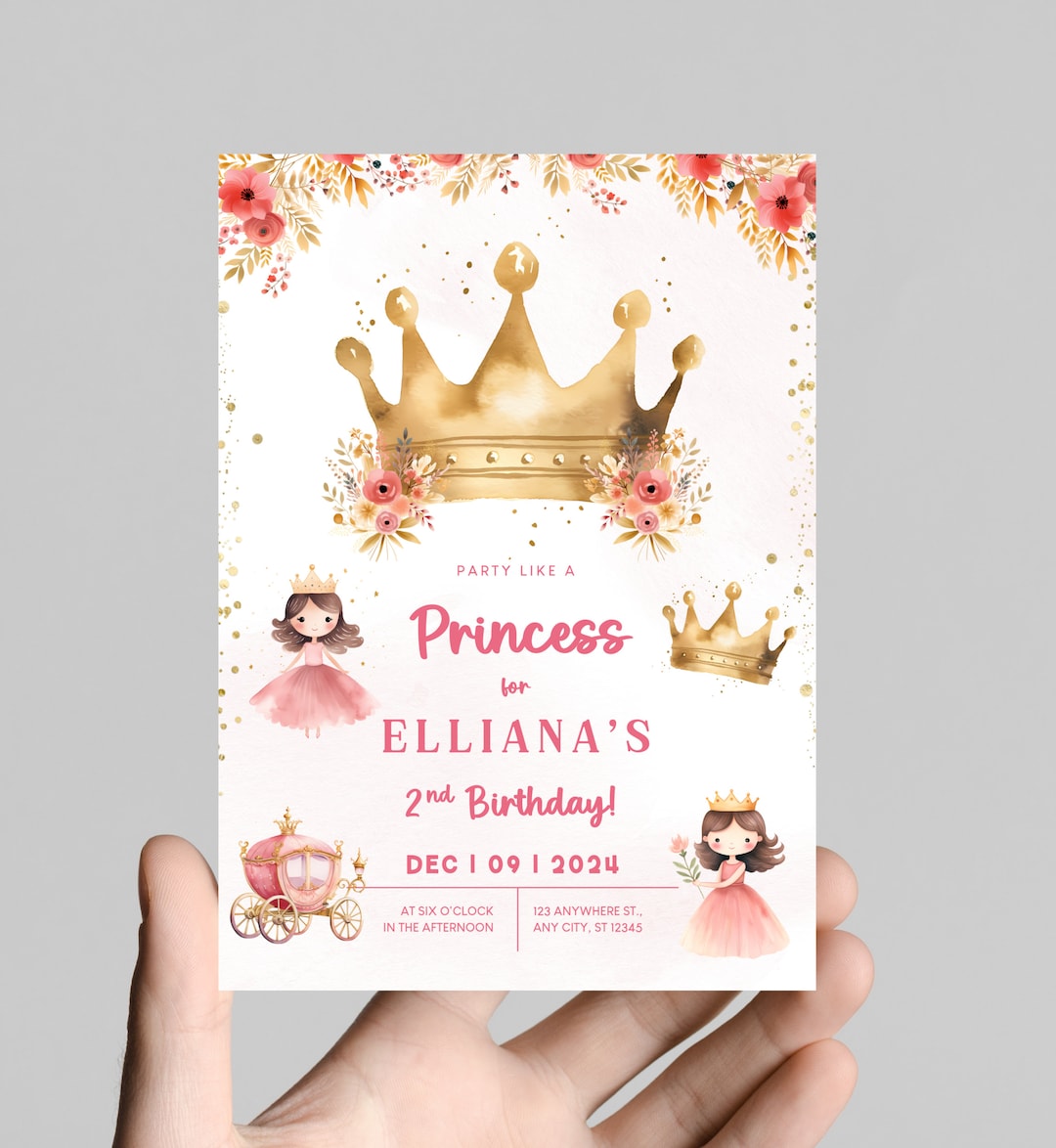 Princess Theme Birthday Invitation, Princess Castle, Carriage, Gold ...