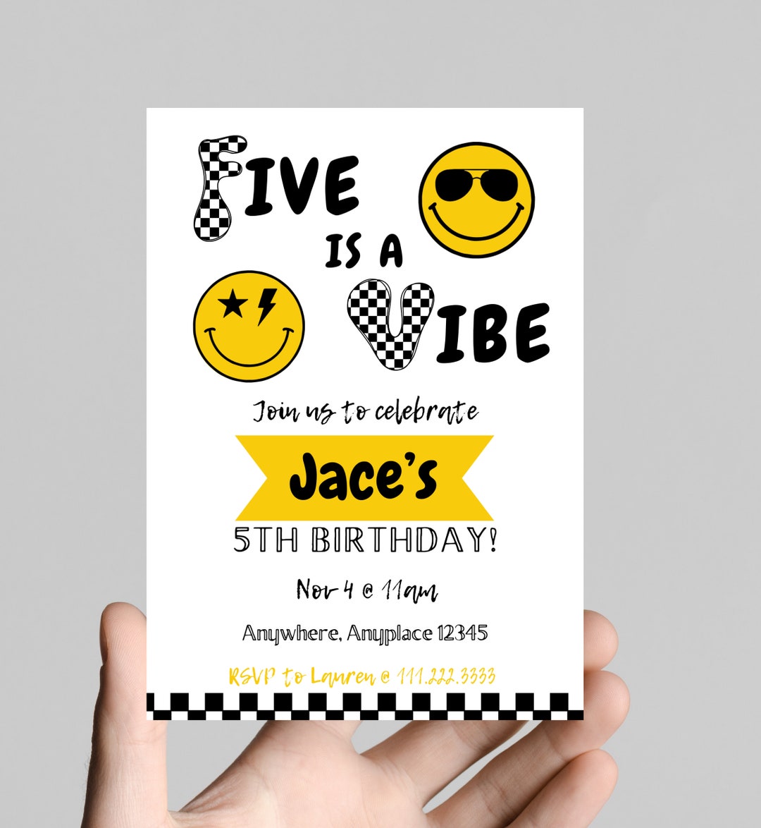 FIVE is a VIBE Boy 5th Birthday Party Invitation, Black and White ...