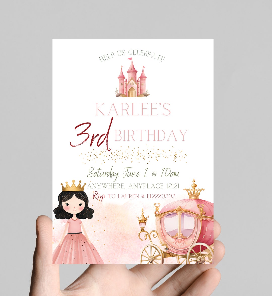 Princess Theme Birthday Invitation, Princess Castle, Carriage, Gold ...