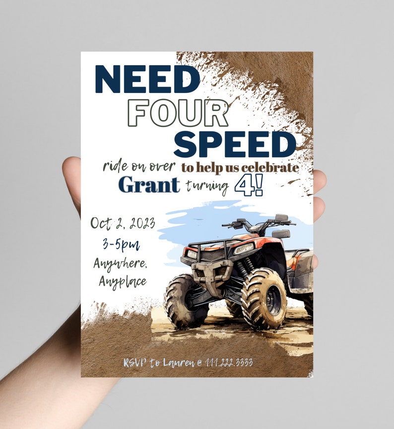 Need Four for Speed ATV Four-wheeler Theme 4th Birthday Boy Invitation ...