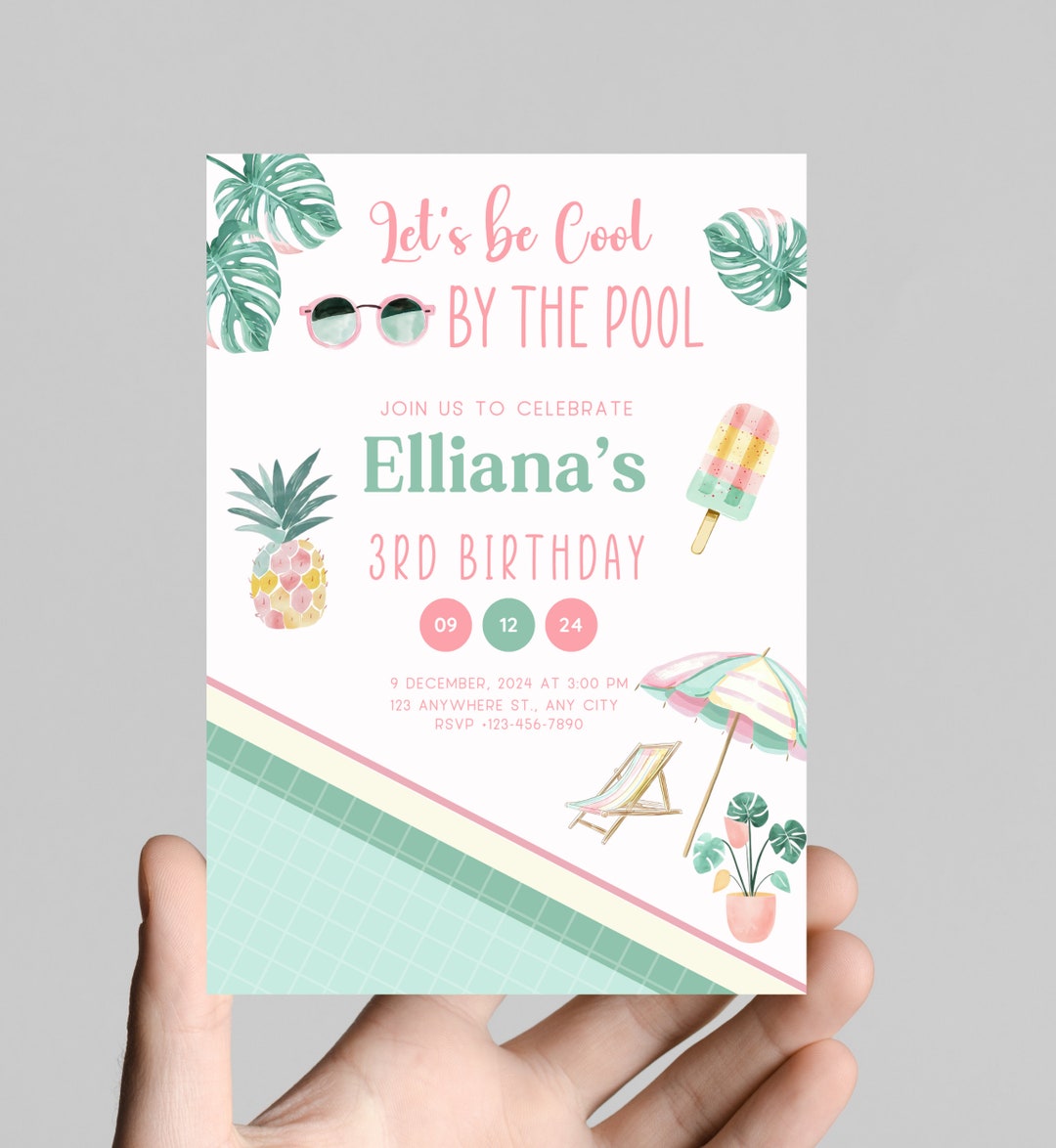 Pool Party Summer Theme Girl Birthday Invitation, Let’s Be Cool by the ...