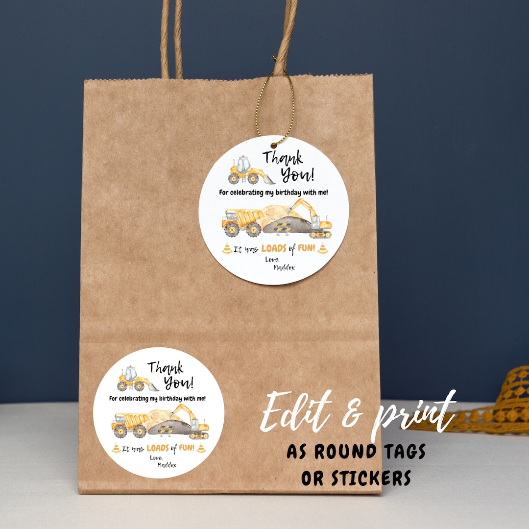 Construction Truck Round Party Favor Tags or Stickers, Thank You for ...