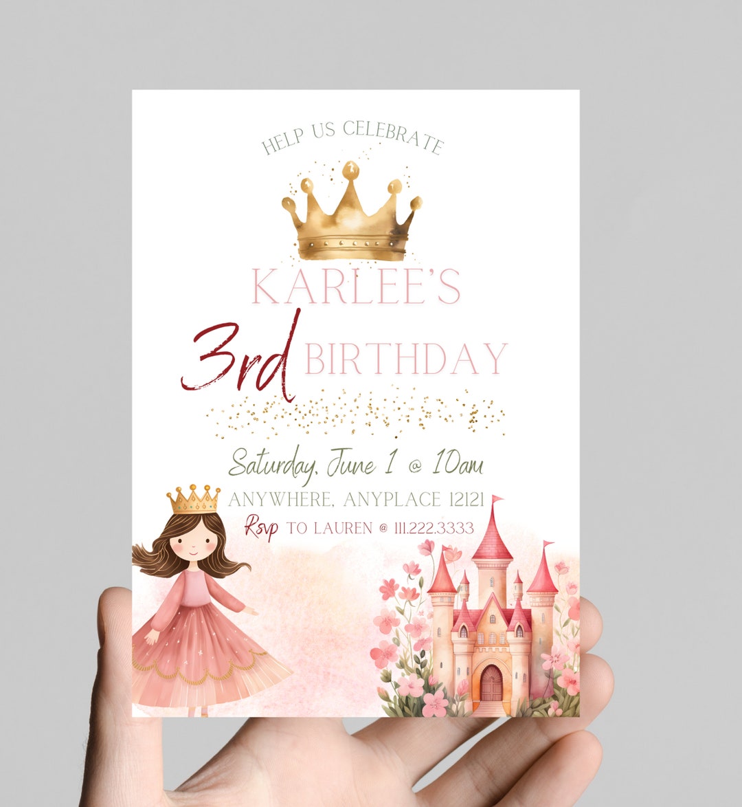 Princess Theme Birthday Invitation, Princess Castle, Carriage, Gold ...