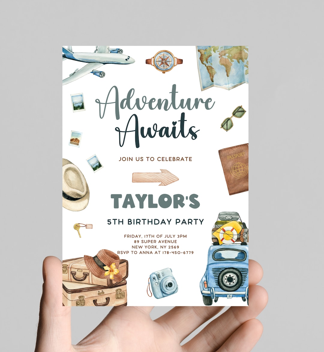 Vintage Travel Birthday Invitation, Adventure Awaits, World Map ...