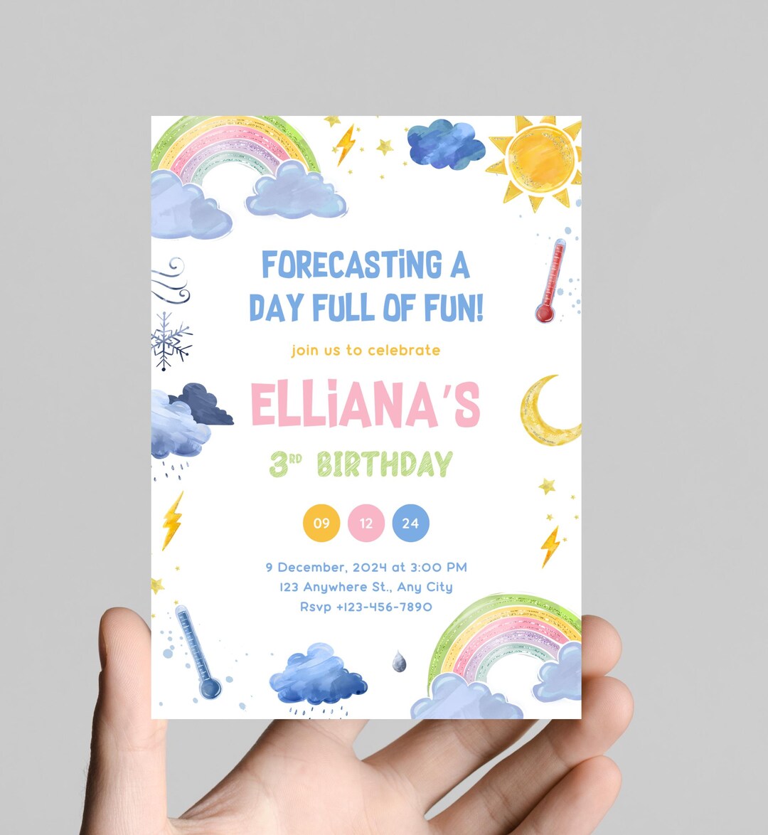 Rainbow and Weather Themed 3rd Birthday Party Invitation, Forecasting a ...