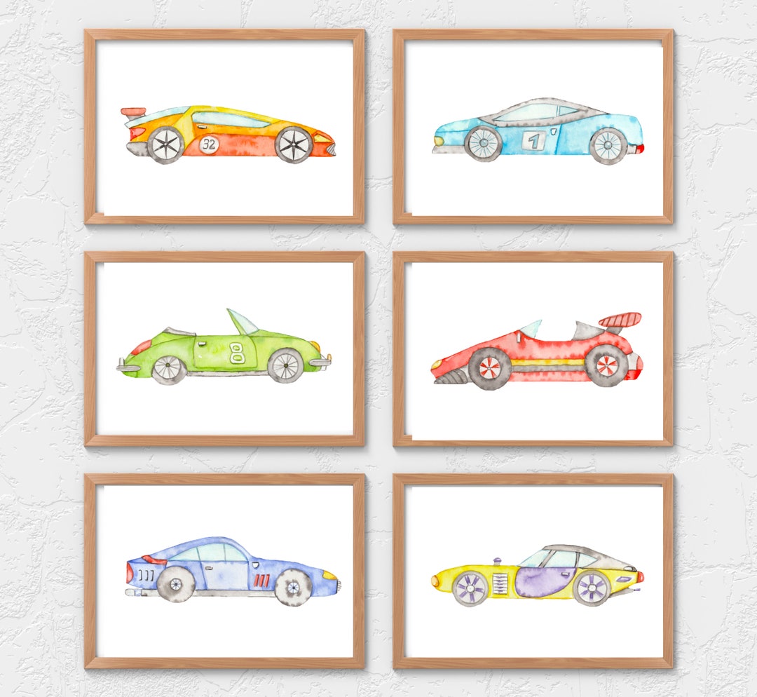 Colorful Watercolor Race Cars Boy Room or Nursery Decor, Play Room Wall ...