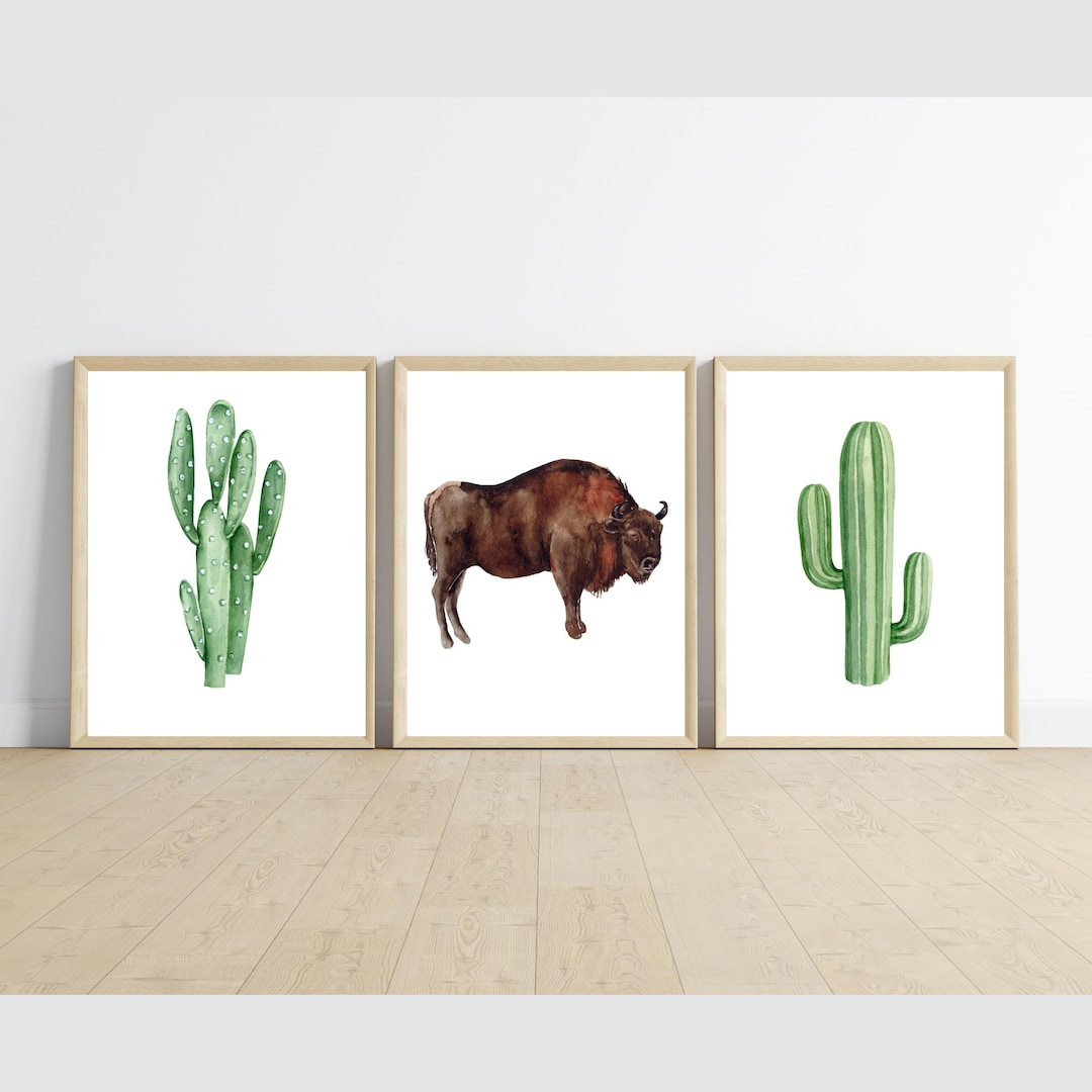 Western Bison Buffalo Cactus Room Decor, Wall Art, 11x14, Set of 3 ...