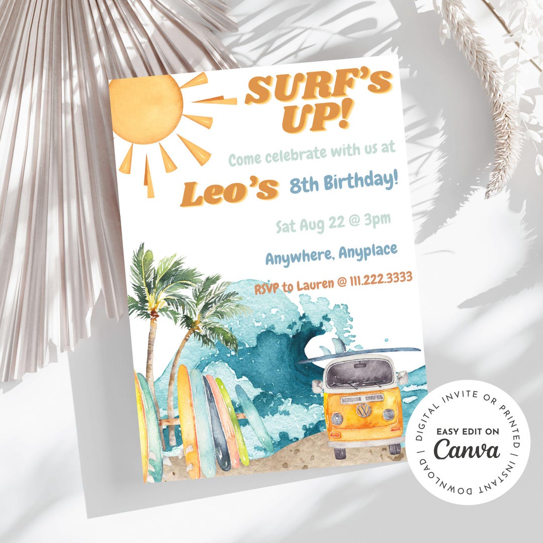 Surfing Baby Boy Birthday Invitation, Beach Surfboard Party (canva ...