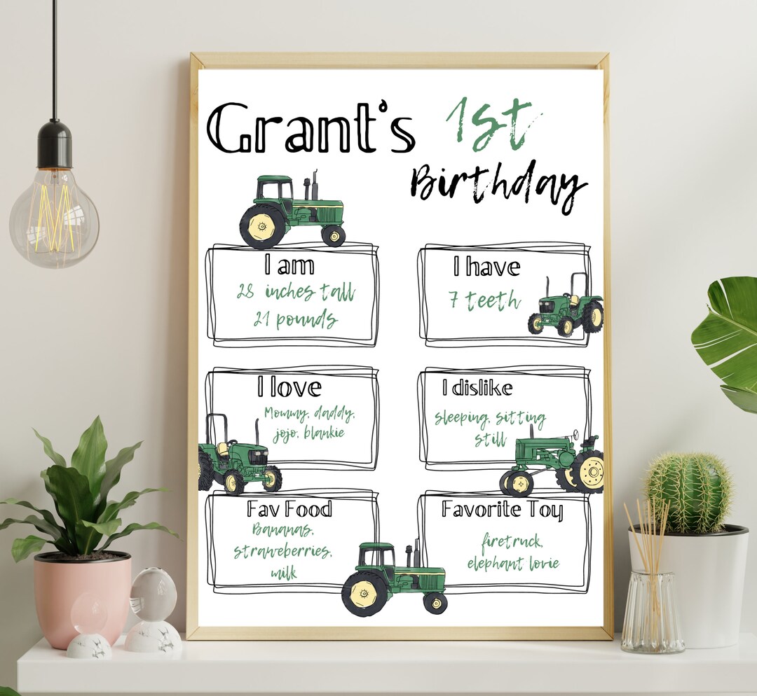 Tractor Theme First Birthday Stats Sign! Green Tractor Themed Birthday ...