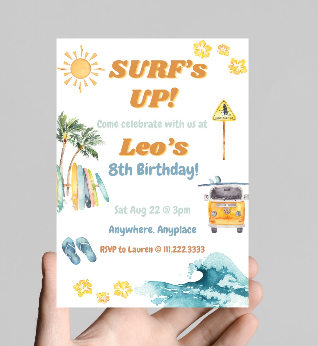 Surf’s Up! Surfing Theme Birthday Invitation, Gnarly Dude, Island Time ...