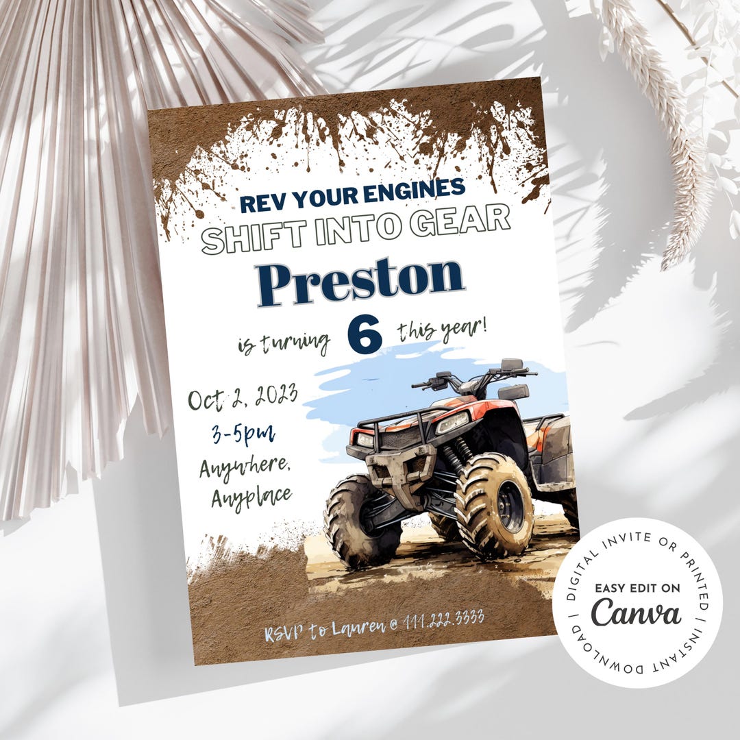 ATV 4-wheeler Theme Boy Birthday Invitation, Rev Your Engine Shift Into ...