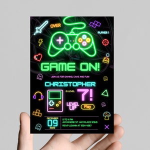 Gamer Gaming Birthday Party Invitation, Neon Lights, Editable ...