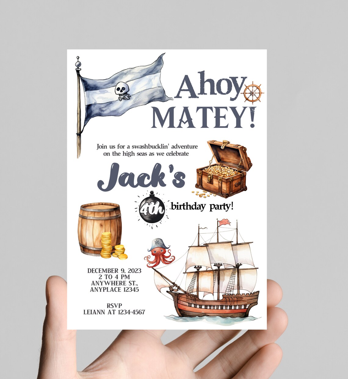 Ahoy Matey! Pirate Theme Birthday Invitation, Pirates, Treasure Chest ...