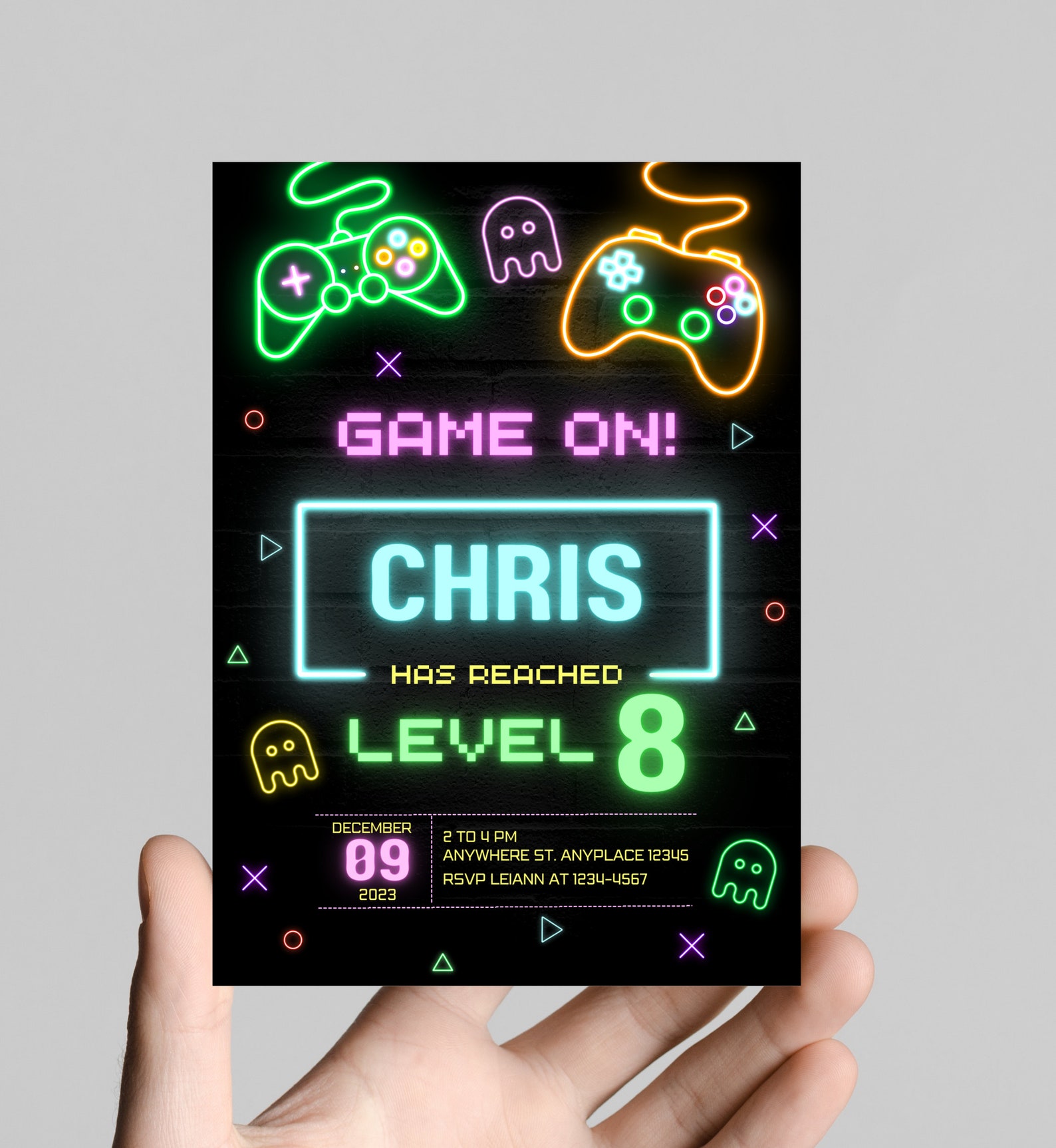 Gamer Gaming Birthday Party Invitation, Neon Lights, Editable ...