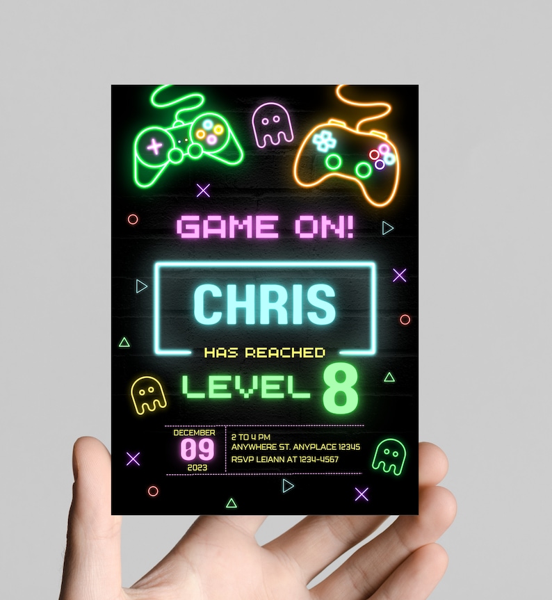 Gamer Gaming Birthday Party Invitation, Neon Lights, Editable ...