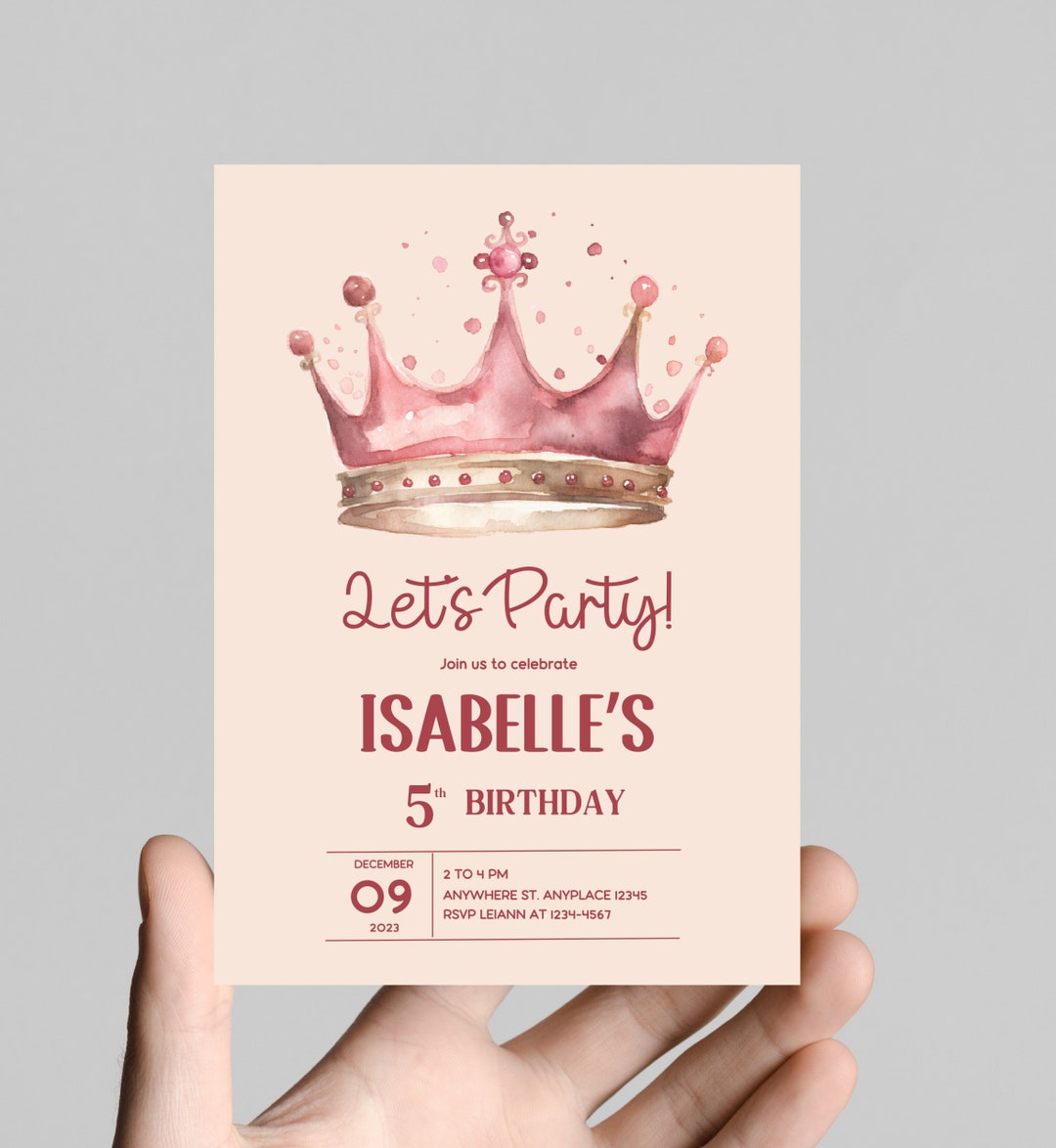 Pink Crown Birthday Invitation, Watercolor, Little Girl Birthday Party ...