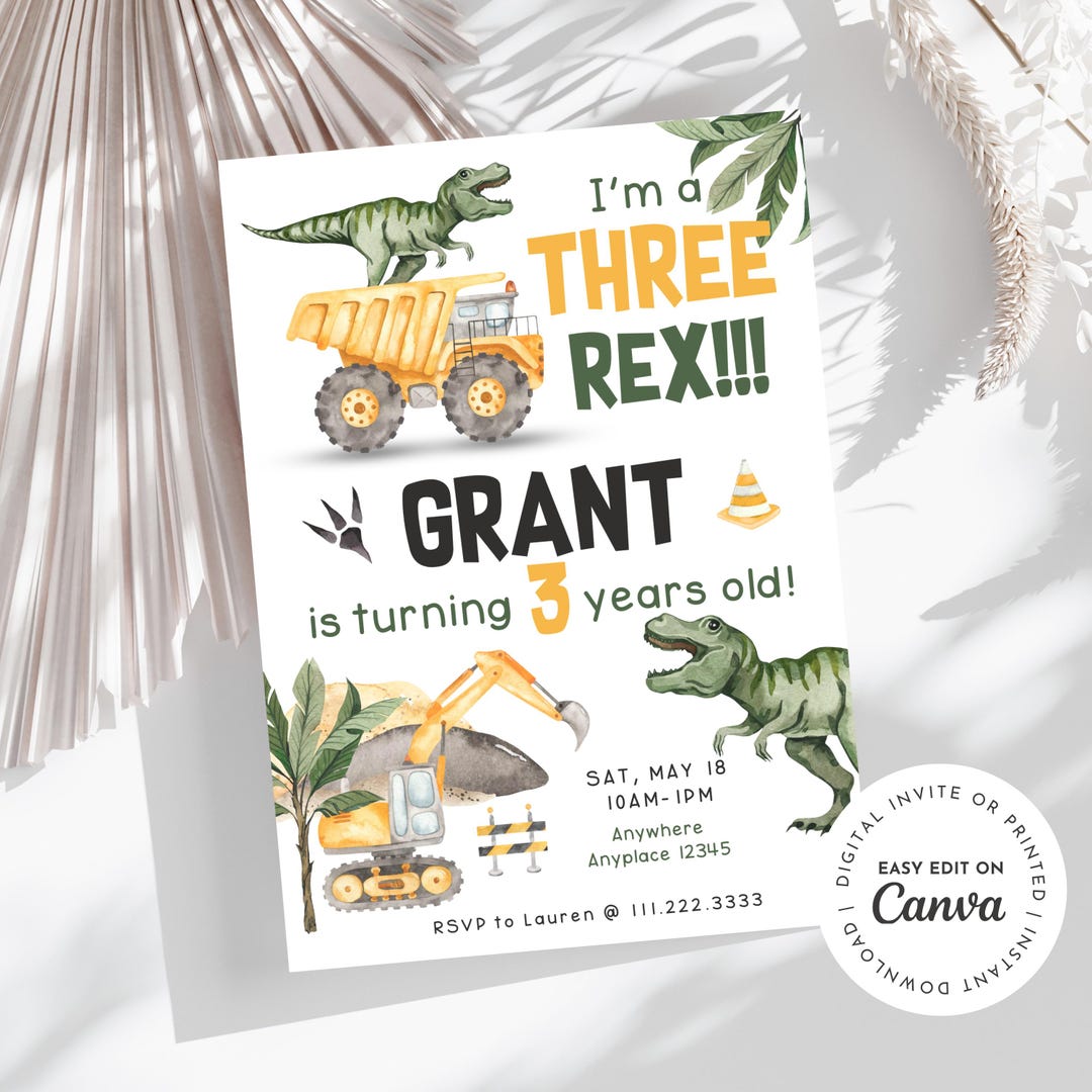 Three-rex! Construction Truck and T-rex Dinosaur Theme Boy 3rd Birthday ...