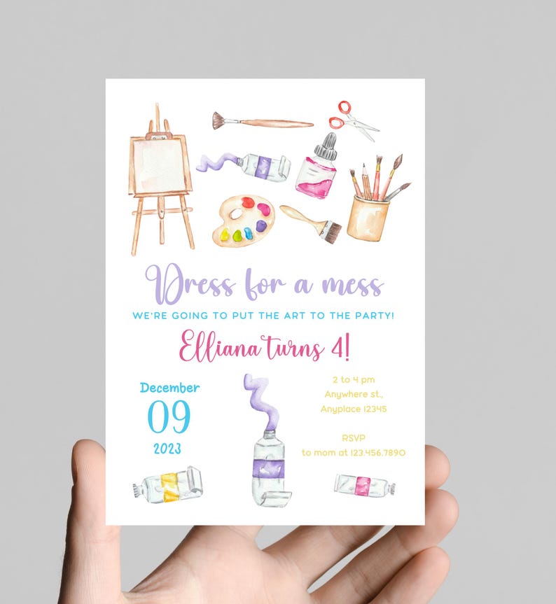 Art Theme Birthday Invitation, Rainbow Paint,gold Glitter, Paintbrush ...