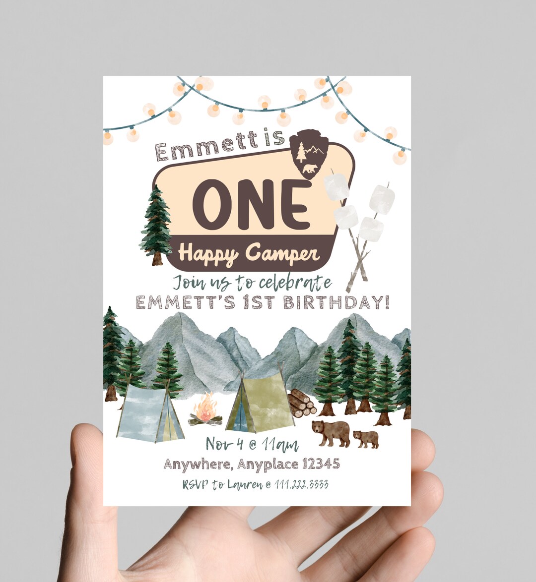 ONE Happy Camper Theme 1st Birthday Party Invitation, Camping, Camper, Adventure, Boy First ...