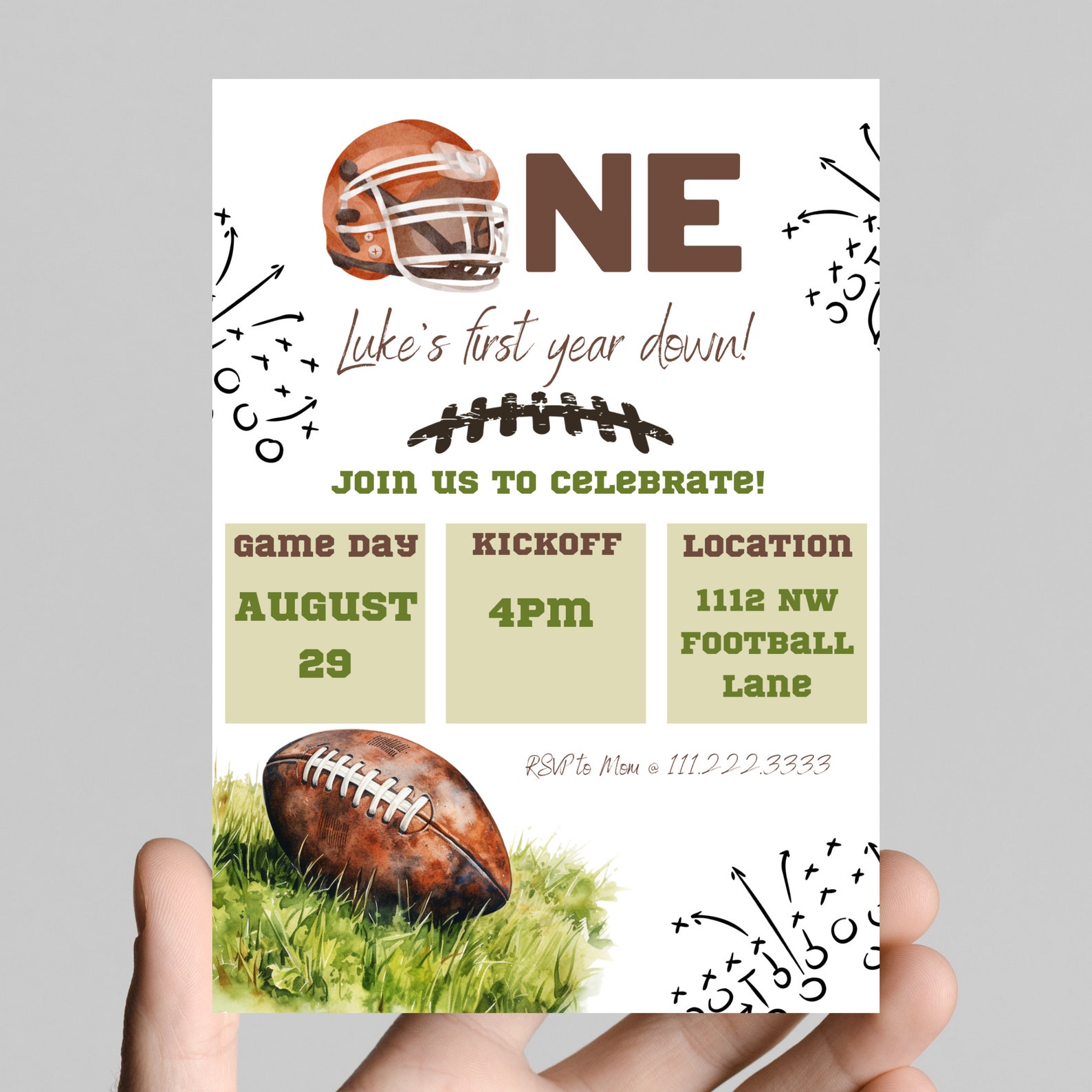 First Year Down Football First Birthday Invitation, First Birthday ...