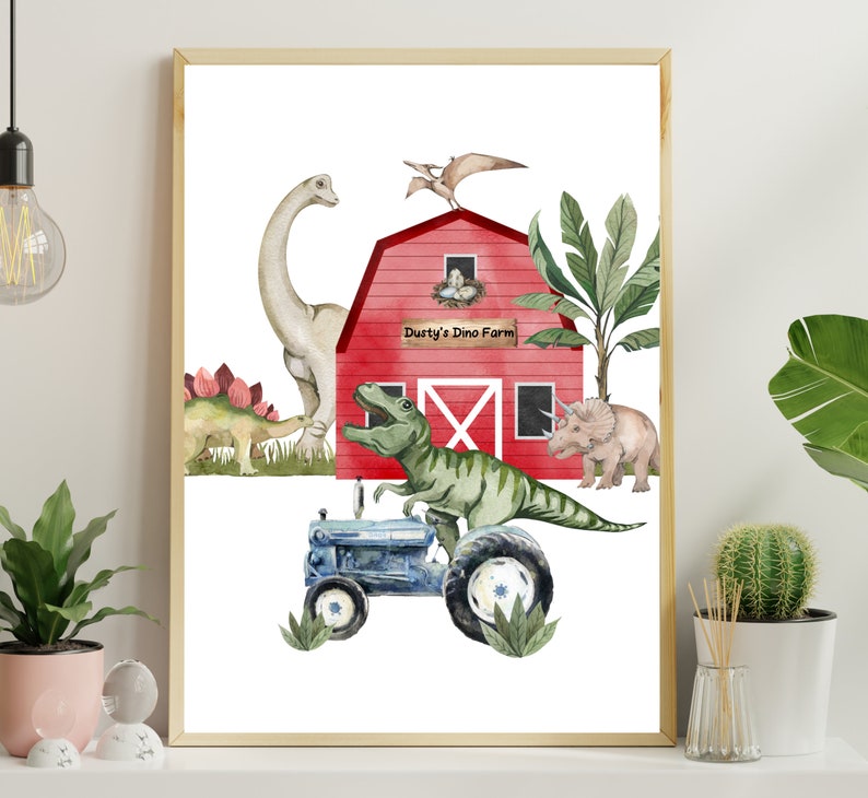 Dinosaur Farm Nursery Print, T-rex on Tractor, Custom Name (digital ...