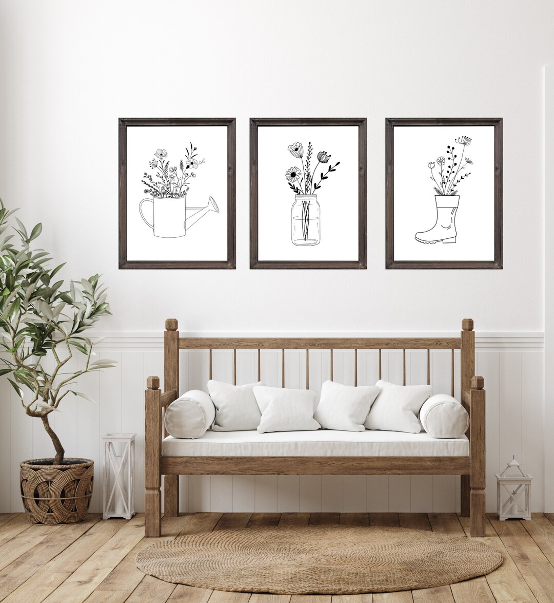 Farmhouse Wildflower Prints, Black and White Vase Art (set of 3 ...