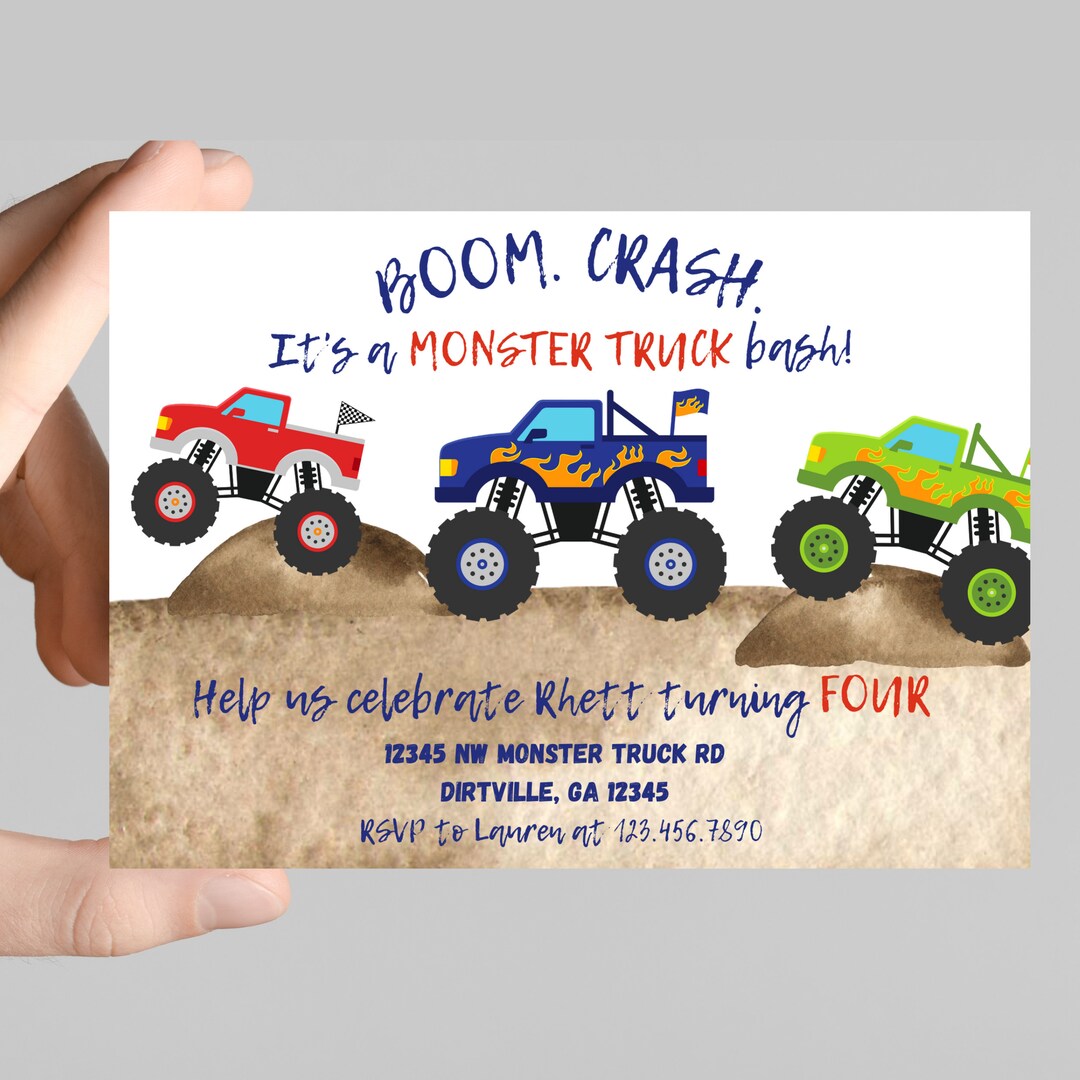 Monster Truck Theme Birthday Invitation, Boom Crash It's a Monster ...