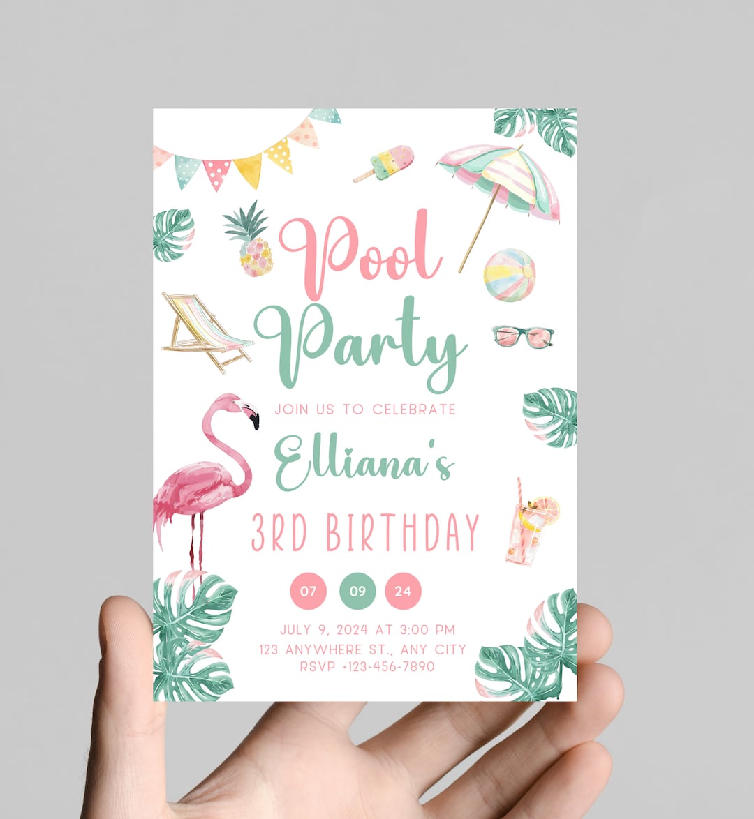 Pool Party Summer Theme Girl Birthday Invitation, Lets Be Cool by the ...