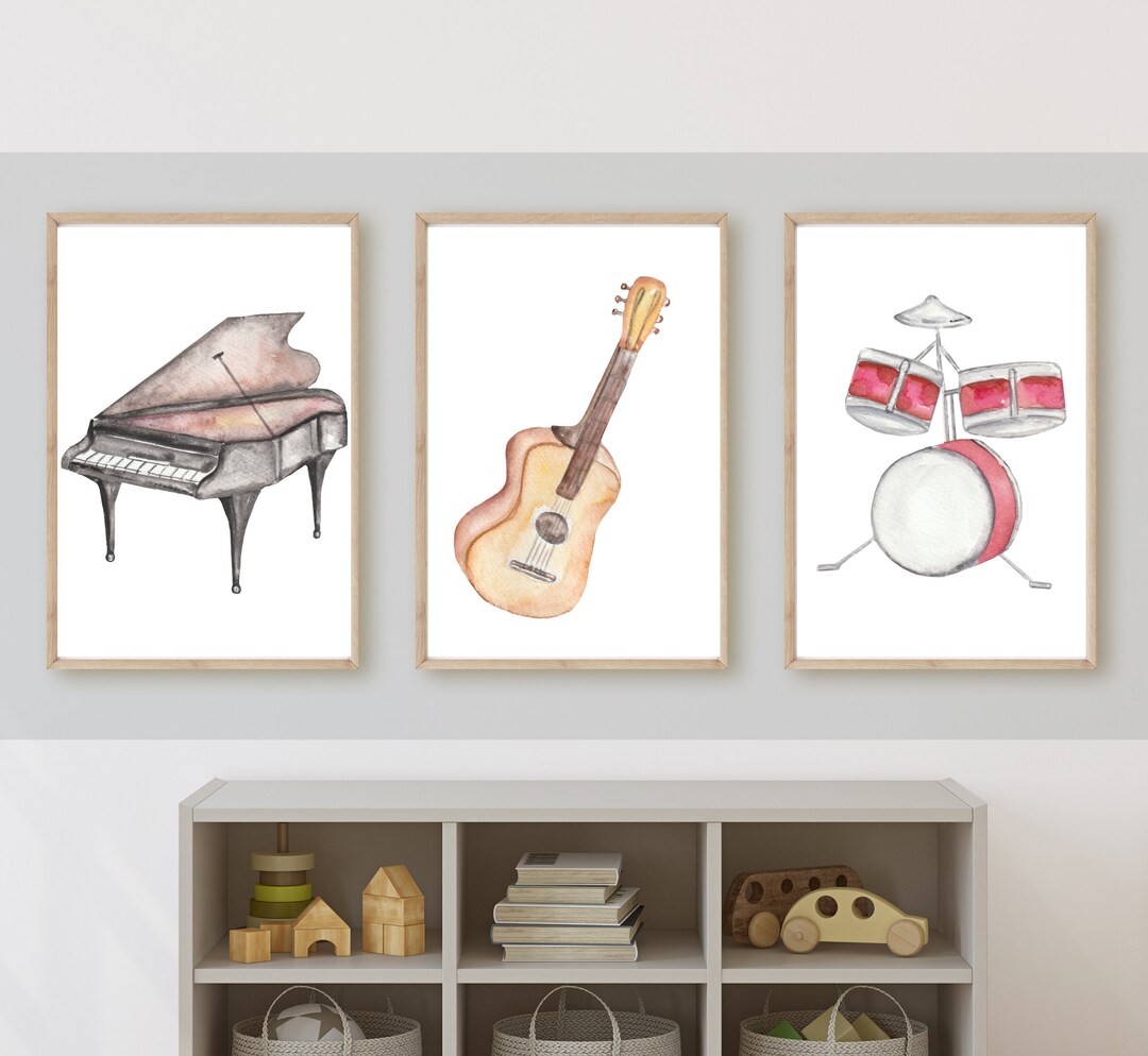 Musical Instruments Watercolor Wall Art, Guitar, Piano, Drum Set ...