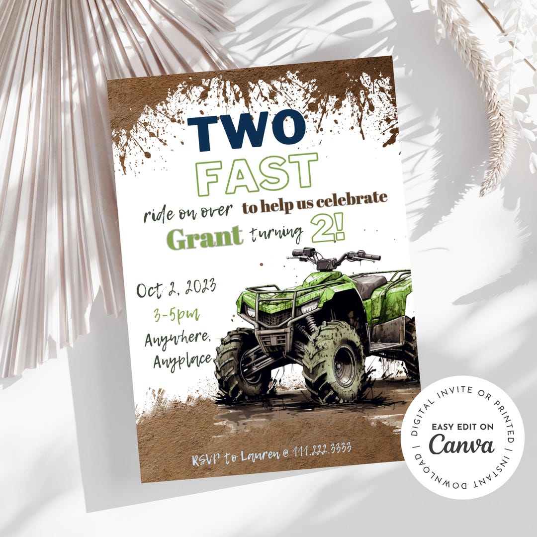 Two Fast ATV Four-wheeler Theme 2nd Birthday Boy Invitation, Rev Your ...