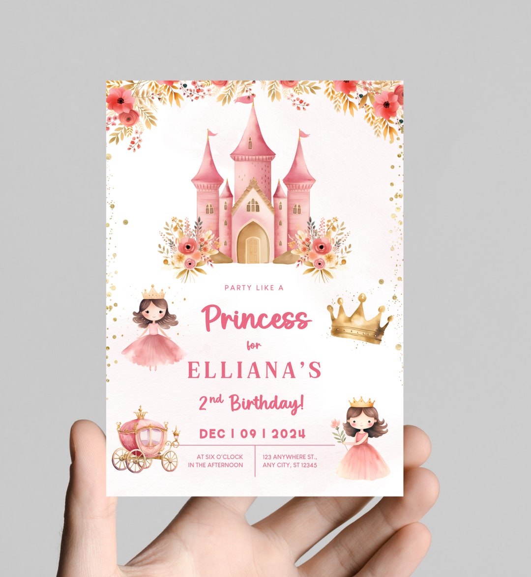 Princess Theme Birthday Invitation, Princess Castle, Carriage, Gold ...