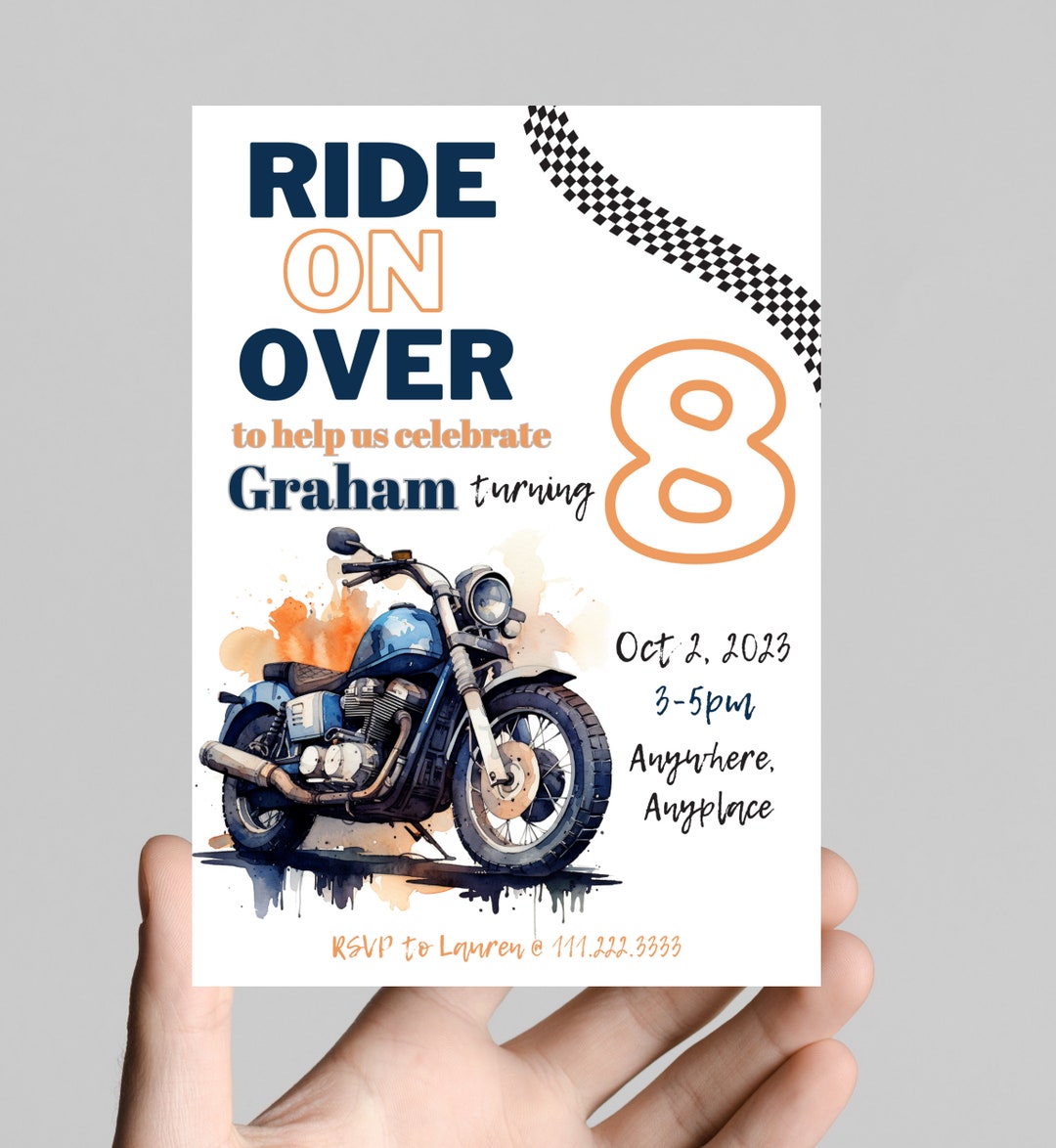 Ride on Over, Motorcycle Theme Any Age Birthday Boy Invitation ...
