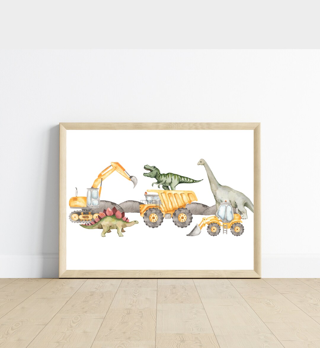 Dinosaurs and Construction Trucks Room Decor, Wall Art, T-rex, Dump ...