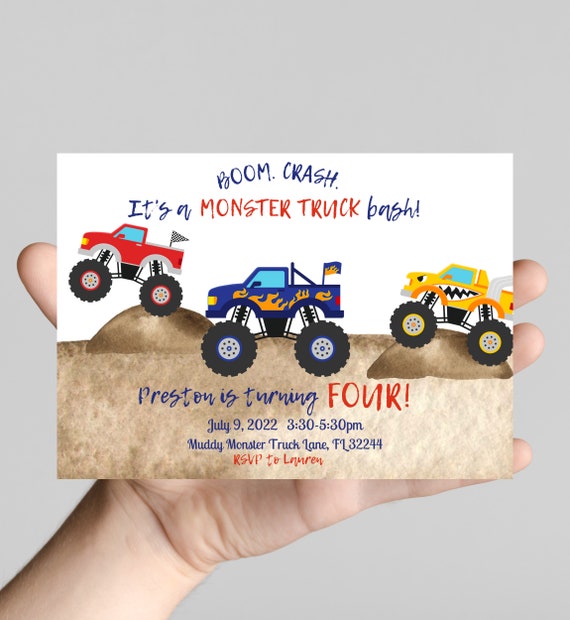 Monster Truck Theme Birthday Invitation Boom Crash It's a - Etsy