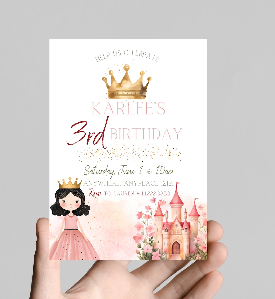 Princess Theme Birthday Invitation, Princess Castle, Carriage, Gold ...