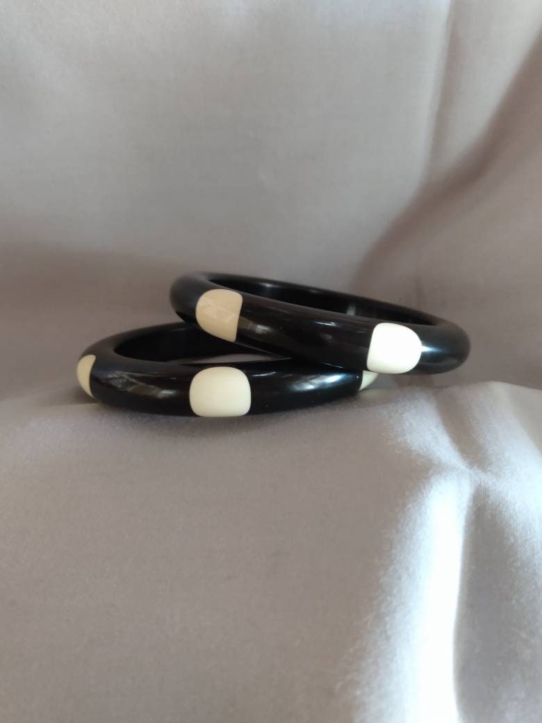 Pair of Black Bakelite Bangles, With Cream Thumbnail Dots. Rare Black ...