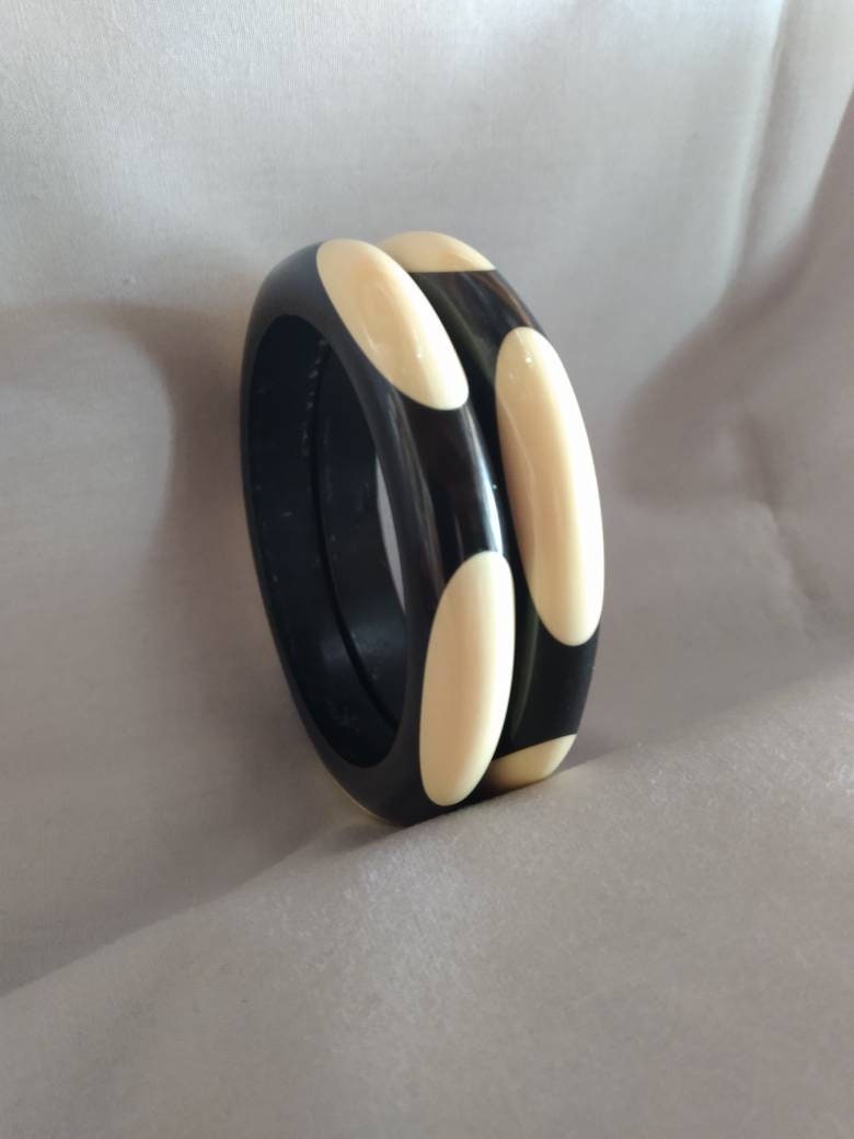 Black Pair of Bakelite Bangles, With Cream Oval Dots. Rare Black ...