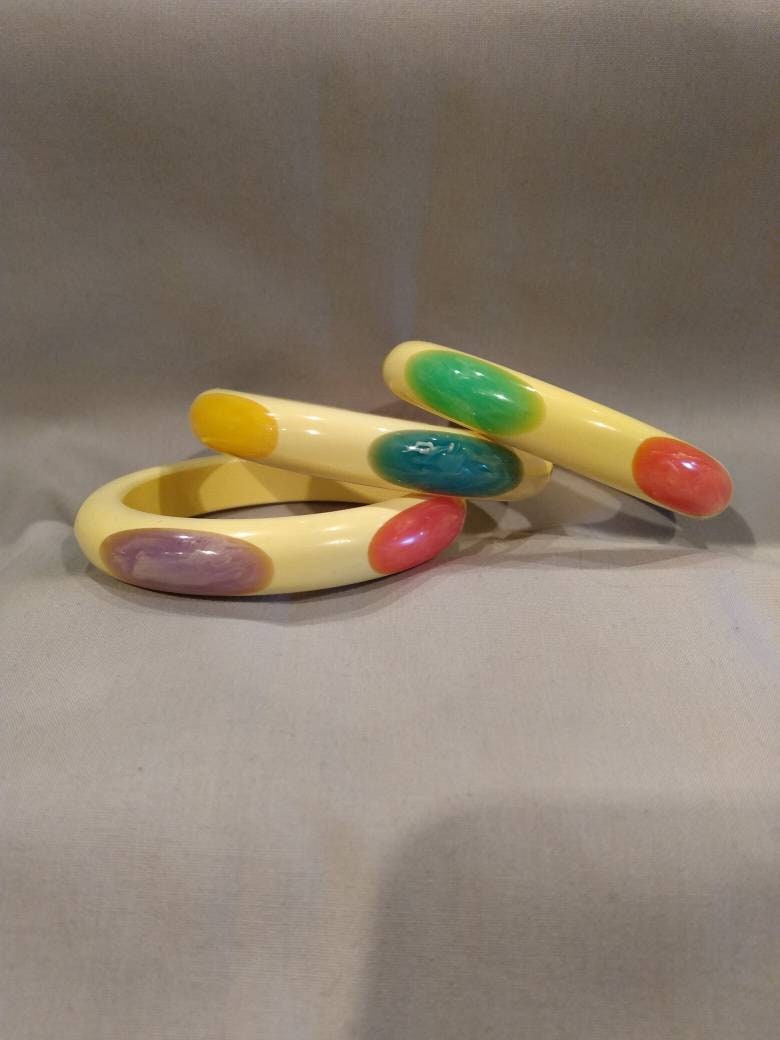 Matching Set of Three Cream Bakelite Bangles With Multi-color Pastel ...