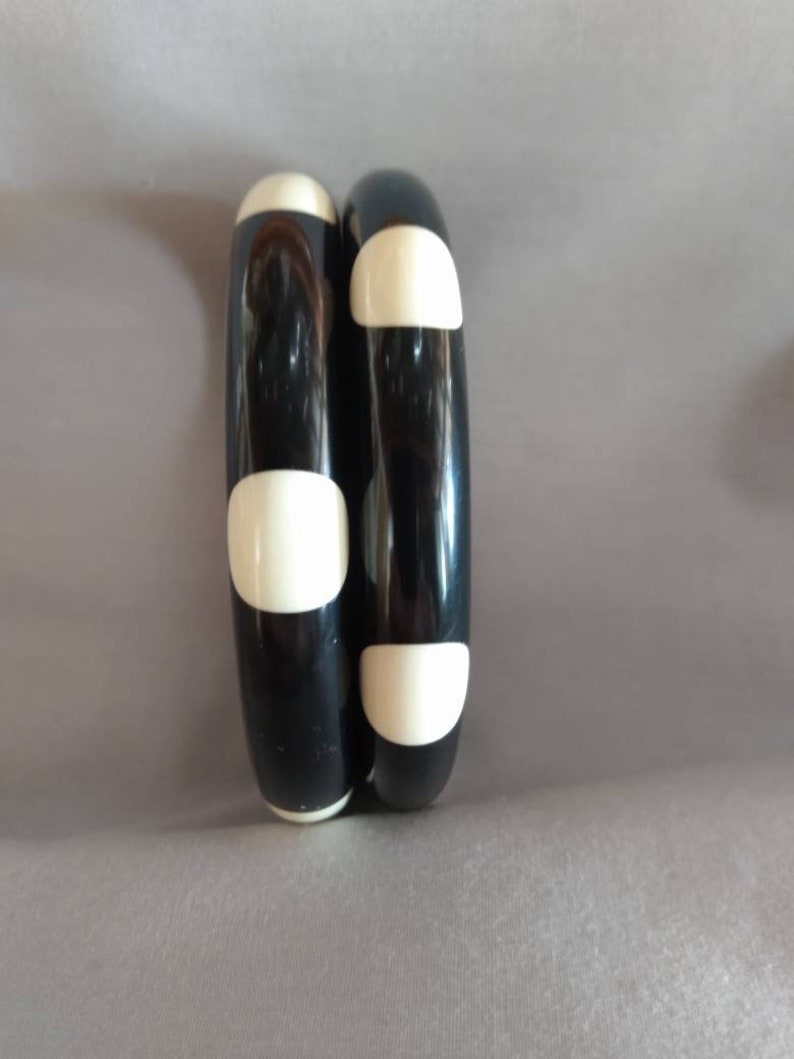Pair of Black Bakelite Bangles, With Cream Thumbnail Dots. Rare Black ...