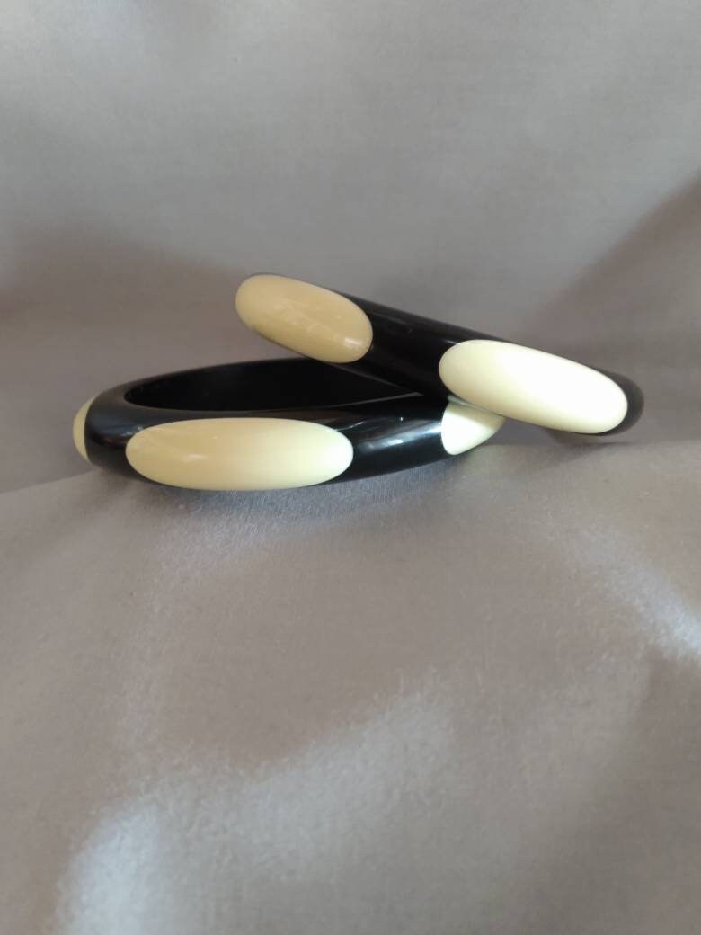 Black Pair of Bakelite Bangles, With Cream Oval Dots. Rare Black ...