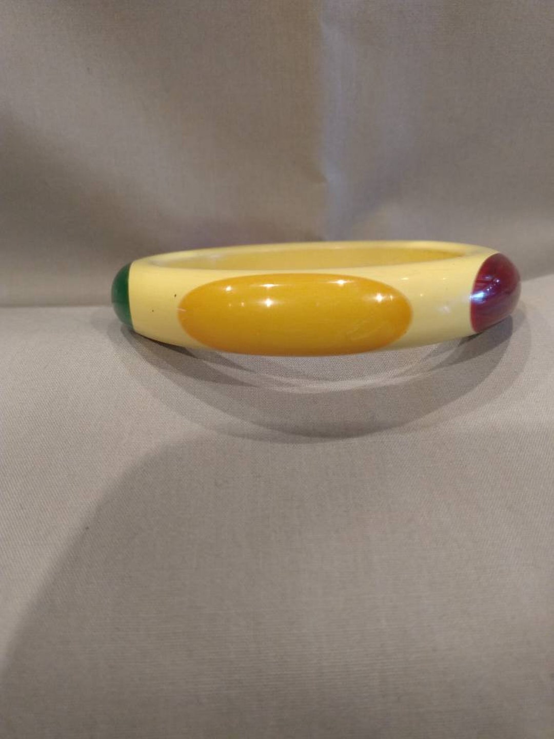 Cream and Multi-color Oval Dot Bakelite Bangle, Artist Signed Pantti ...