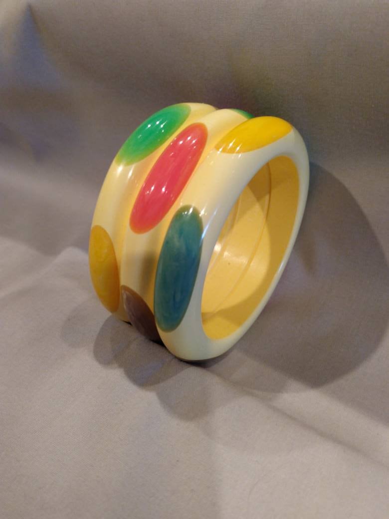 Matching Set of Three Cream Bakelite Bangles With Multi-color Pastel ...