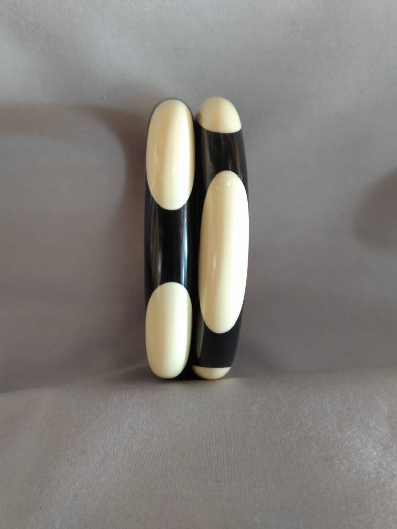 Black Pair of Bakelite Bangles, With Cream Oval Dots. Rare Black ...