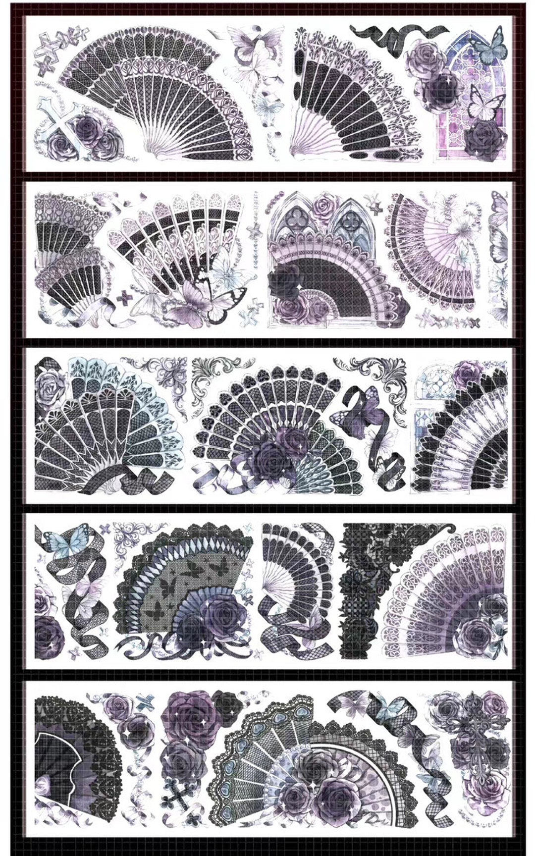 Black Japanese Fans Seashell Iridescent Emboss Clear PET Tape / Washi ...