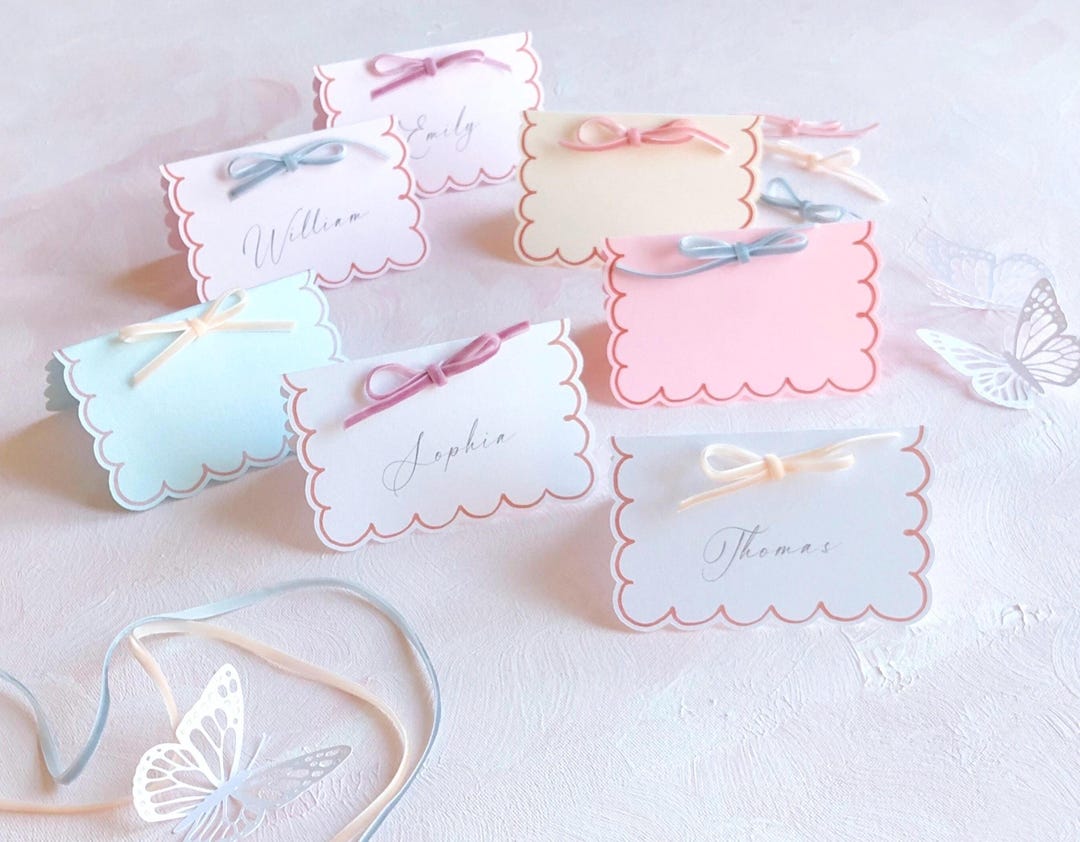 Baby Shower PLACE CARDS, Velvet Bow Frame, Pastel Pink White ...