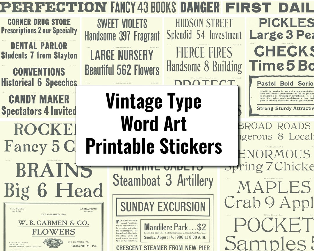 Printable Stickers Word Art Vintage Typescript Fonts - Etsy