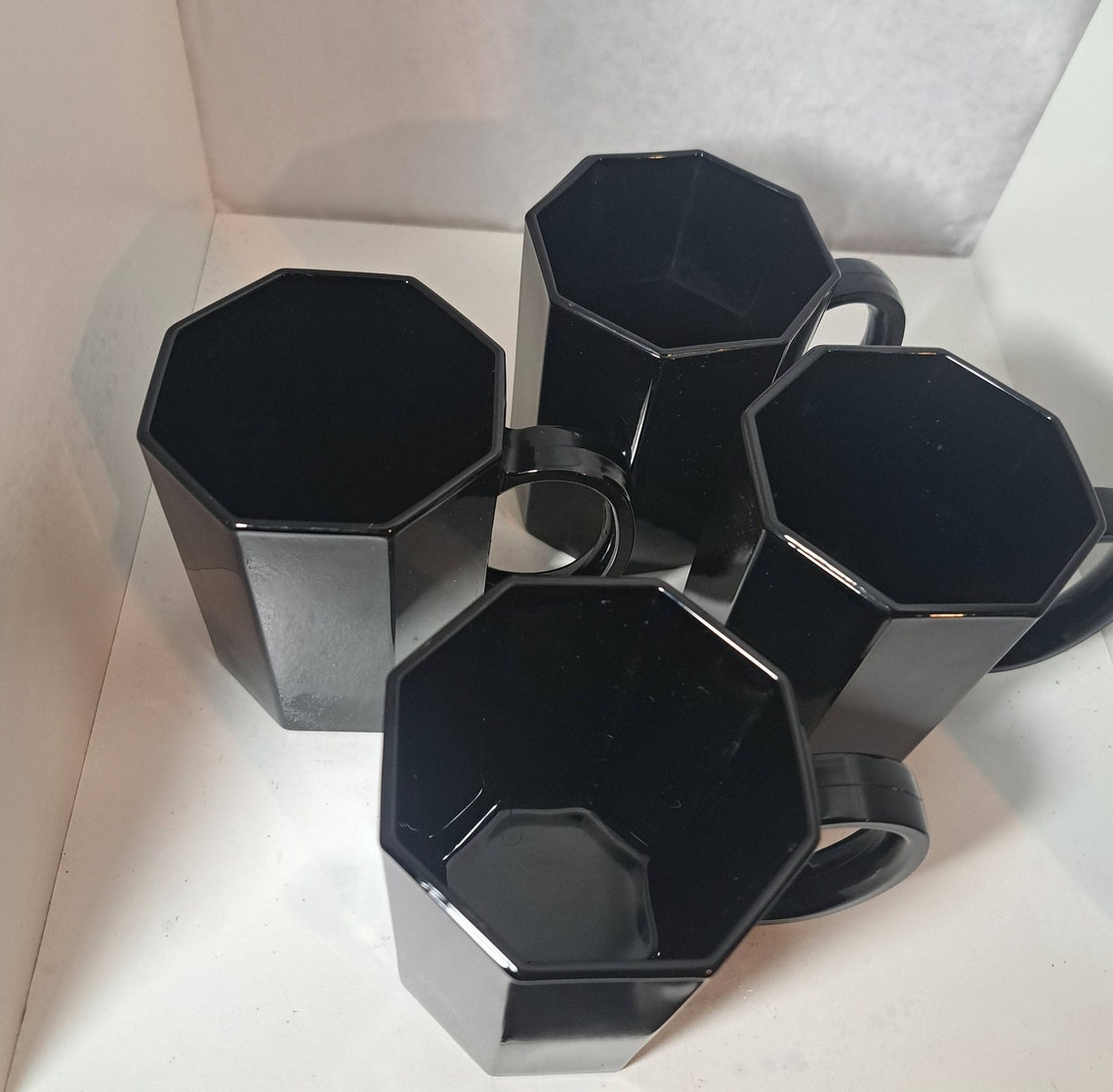 Arcoroc Black Glass Mugs Octagon Shape Geometric Designer Vintage ...