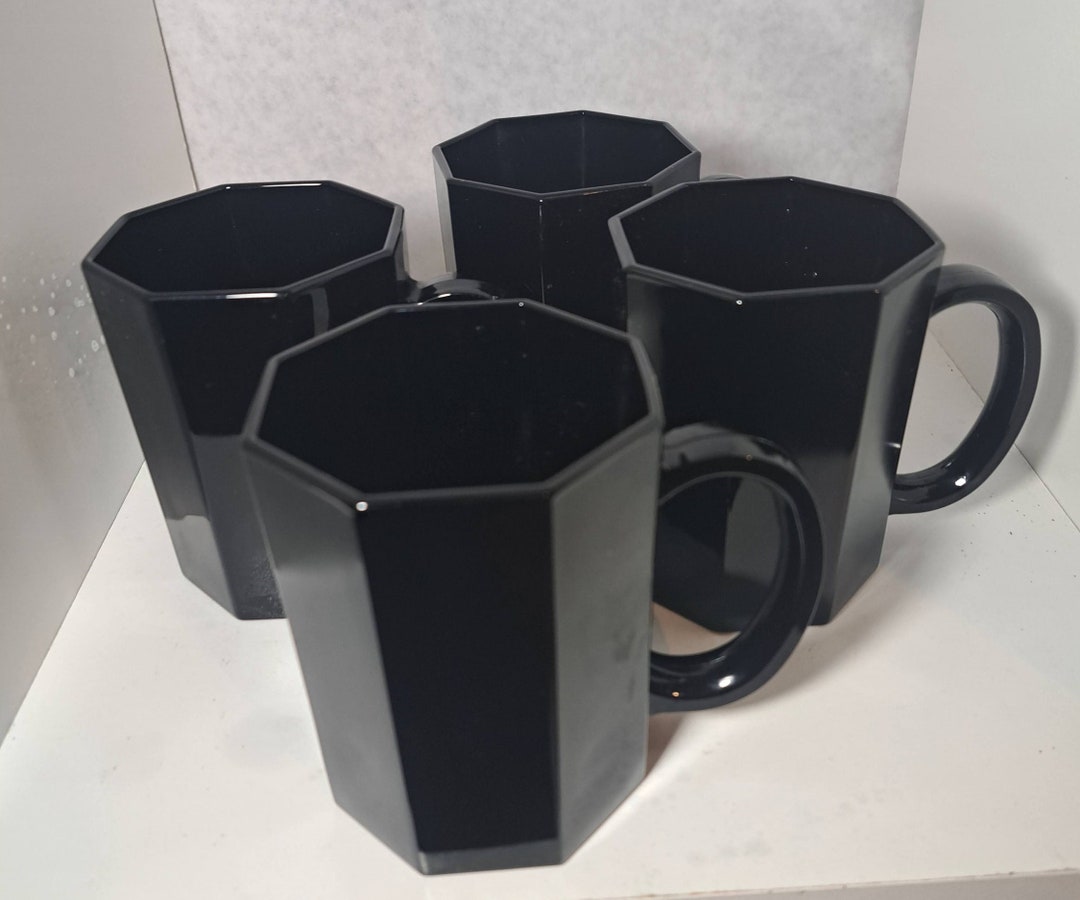 Arcoroc Black Glass Mugs Octagon Shape Geometric Designer Vintage ...