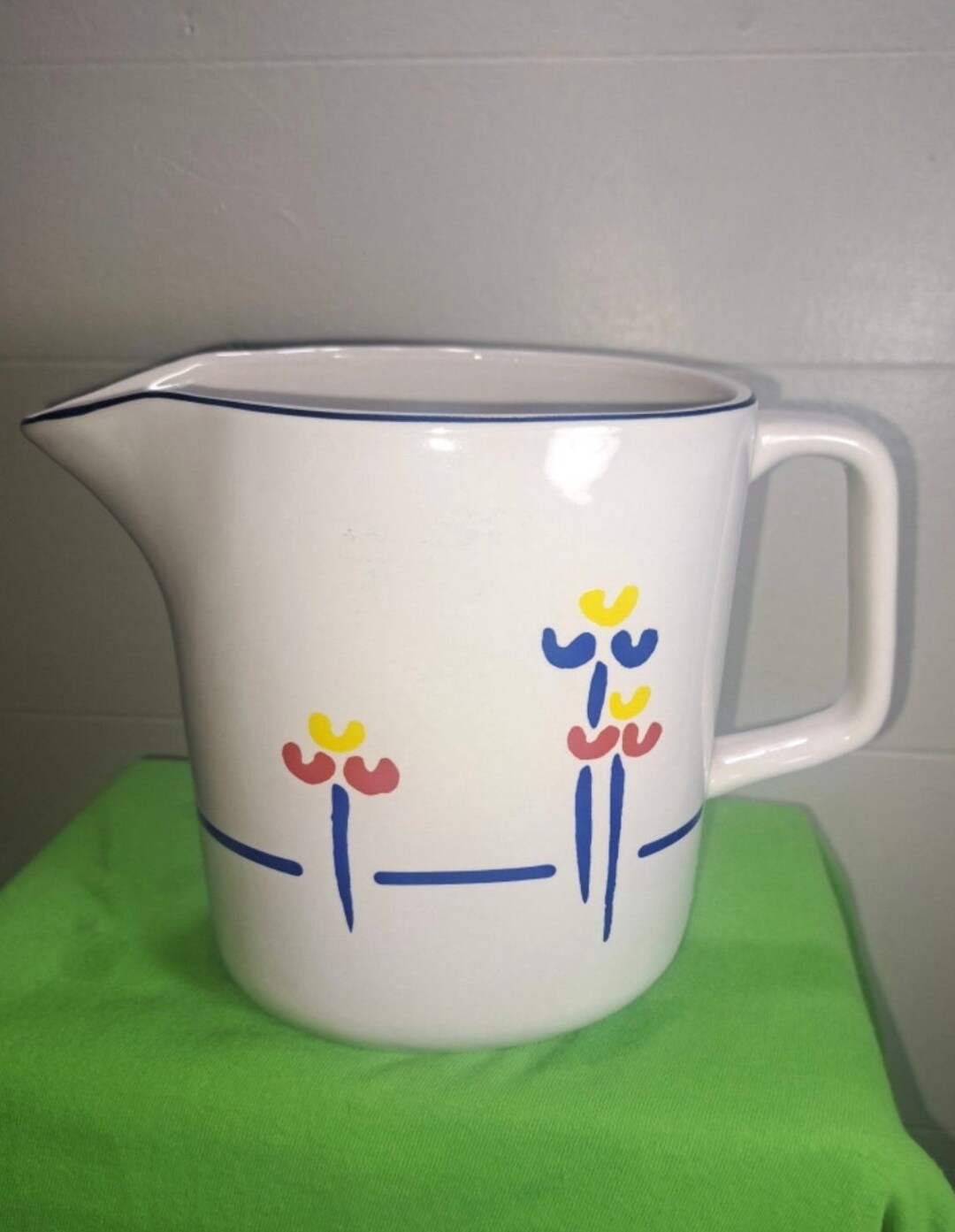 White Stoneware Pitcher by Riva Designs With Stylized Tulip - Etsy